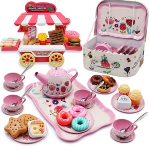 44pcs tea set for little girls, kids pretend toy playset, teapot dishes dessert mini ice cream cart & carrying case, princess tea time kitchen pretend play toys gift for toddlers girls age 3-8