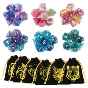 gwhole 42 pcs(6 sets) polyhedral dice with gold pattern drawstring pouches for dnd rpg mtg dungeon and dragons table board roll playing games style 3