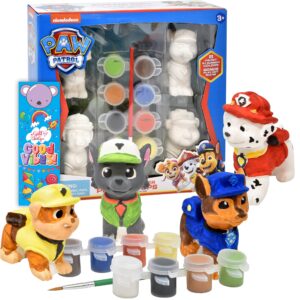 gift boutique paint your own paw patrol figurines, paintable art craft set for kids includes decorating paw figures marshall rubble chase and rocky, 8 pots of paint, paint brush and bookmark