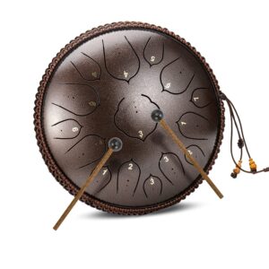 steel tongue drum- chunfeng 15 notes 14 inch tongue drum instrument-steel drums for adults-hand pan drums with music book,handpan tongue drum mallets and carry bag,d major(bronze)