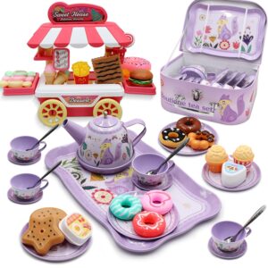 44pcs tea set for little girls, kids pretend toys playset, teapot dishes dessert mini ice cream cart & carrying case, princess tea time kitchen pretend play toys gift for toddlers girls age 3-8