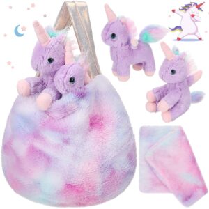 4 pieces unicorn toys for girls plush stuffed unicorn toys, xl furry bag and doll blanket, adorable plush stuffed animal toy for birthday party favors (purple)