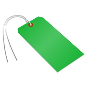 smartsign (pack of 100) green plastic tags with wires, 6.25 x 3.125 inch, metal eyelet, 10 mil tear-proof polylith plastic, writable