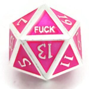 pink and silver metal d20 f*** dice critical fail f 20 sided die set dnd black gunmetal color number for role playing game dungeons and dragons d&d pathfinder shadowrun girl gamer female