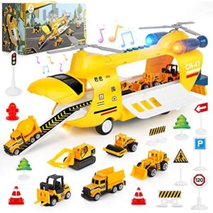 airplane toy with construction toy cars set, transport cargo airplane with lights and sounds, 6 mini car toys & 11 road signs, toy airplane gifts for 3 4 5 6+ years old kids boys and girls