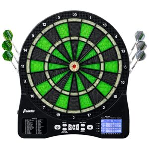 franklin sports light up electronic dart board set - led soft tip electric dartboard with digital scoreboard - adults + kids set - (6) darts included, black/green, 15"