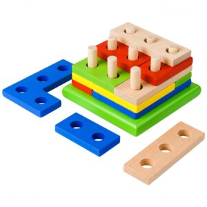 nitoy wooden sorting & stacking puzzle toy for kids 3+ years, montessori pegboard 3d stem educational geometry shape & color recognition stacker for boys & girls early childhood development (4 shapes)