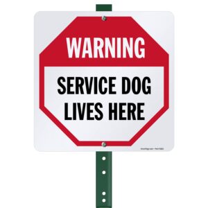 smartsign 10 x 10 inch “warning - service dog lives here” yard sign with 3 foot stake, 40 mil laminated rustproof aluminum, red, black and white, set of 1, made in usa