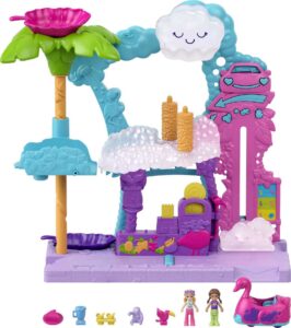 polly pocket playset, pollyville flamingo fun car wash with 2 micro dolls, toy car, water play & color-change accessories