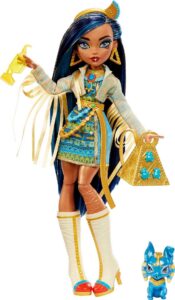 monster high doll, cleo de nile with blue streaked hair in signature look with fashion accessories & pet dog tut