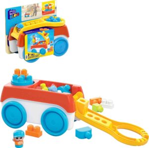 mega bloks first builders toddler building toy set, block spinning wagon with 20 pieces and storage, 1 figure, ages 1+ years