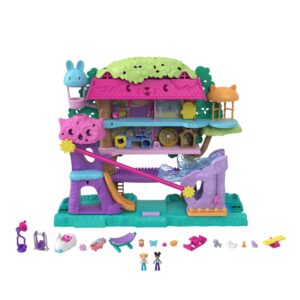 polly pocket doll house with 2 micro dolls, toy car & 15+ accessories, pet adventure treehouse playset