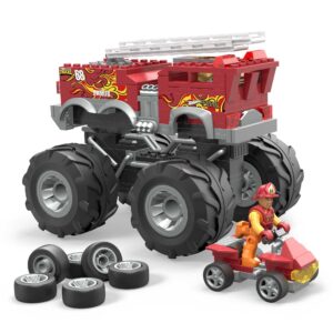 mega hot wheels monster trucks toy car building set, hw 5-alaram fire truck with 284 pieces, 1 micro action figure driver, red, kids age 5+ years