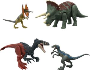 mattel jurassic world dominion survival instincts dinosaur starter set, 4 toy figures including blue, dilophosaurus & 2 roar strikers