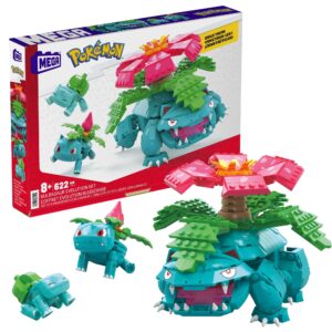 mega pokémon action figure building toys, bulbasaur evolution set with 622 pieces, 3 poseable characters, bulbasaur and venusaur, for kids