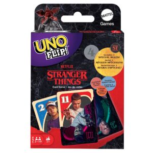 mattel games uno flip! stranger things card game for adults & teens with double-sided cards, real world vs. upside down