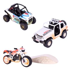 sunny days entertainment maxx action mini off-road lights & sounds vehicles – 3 pack with motorcycle with dirt mound, atv and sports vehicle