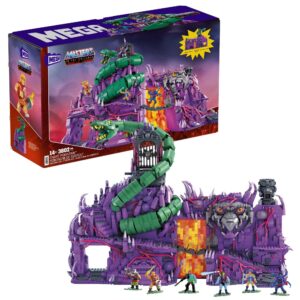 mega masters of the universe building toys set, snake mountain with 3802 pieces, 24 inches wide, 6 micro action figures, adult collectible