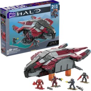 mega halo infinite toys vehicle building set, banished phantom aircraft with 1214 pieces, 4 micro action figures and accessories