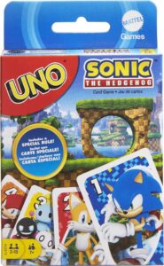 mattel games uno sonic the hedgehog card game for kids & family, themed deck & special rule, 2-10 players