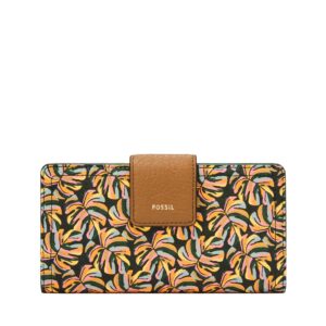 fossil women's logan faux leather wallet rfid blocking tab clutch, green multi palm (model: sl6585335)