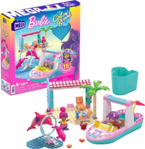 mega barbie color reveal building toy playset, dolphin exploration with 121 pieces, 15 surprises and accessories, kids age 5+ years