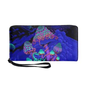 dremagia card holder clutch leather purse for women, durable zip around long wallet with wrislet, psychedelic mushroom print