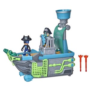 pj masks sky pirate battleship preschool toy, vehicle playset with 2 action figures, projectile launchers, and more for ages 3 and up