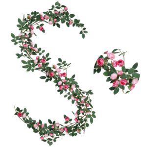 whaline 54pcs rose flower garland double pink fake rose vine garland with green leaves 5.7ft artificial hanging floral garland realistic flowers string for home wedding party garden craft wall decor