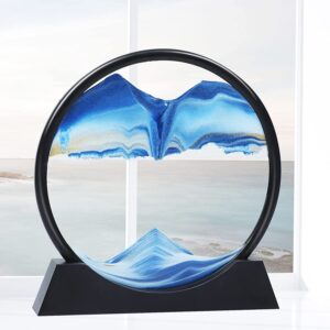 winthfure moving sand art picture-3d deep sea sandscape in round glass flowing sand frame, large desktop sand art toys, relaxing home and office decorations (7", blue)