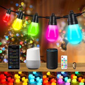 sovela smart outdoor string lights, rgb string lights 48ft 15 led bulbs, app control compatible with alexa, music sync color changing, strand for patio backyard garden porch wedding paty