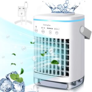 misby portable air conditioners, evaporative personal air cooler with top fill 700ml water tank, small quiet cooling fan 4 wind speed & colorful light for bedroom, office, home, outdoor (no battery)