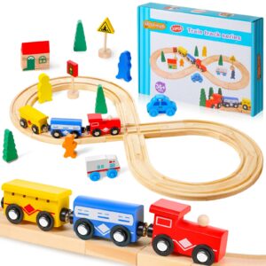 civaner 33 pcs wooden train tracks and magnetic trains christmas packed toy railway carriages kits for kids, toddler, boys and girls play accessories