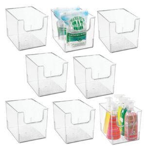 mdesign plastic household storage organizer bins with open dip front for kitchen, bedroom, bathroom, office, craft or playroom organization - hold toys, books - ligne collection, 8 pack - clear