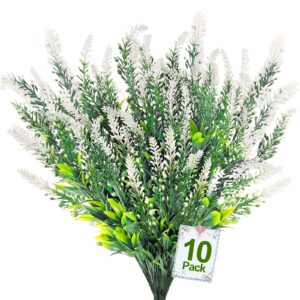 turnmeon 10 bundles artificial lavender flowers outdoor uv resistant fake flowers faux plants plastic shrubs outside garden porch window box spring summer decor(white)