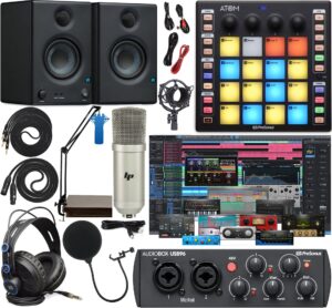 presonus audiobox 96 audio interface full studio bundle includes software kit, atom midi pad controller, eris 3.5 pair monitors, and adjustable suspension boom arm + hd7 headphones