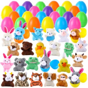 thinkmax 24 pcs easter eggs filled with mini plush animals toy for basket stuffers/fillers, hunt, party favor