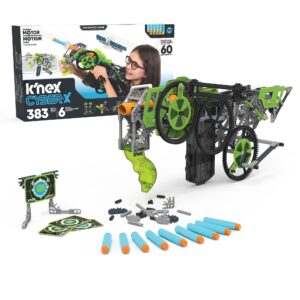 k'nex cyber-x c10 crypto crank with motor - blasts up to 60 ft - 383 pieces, 6 builds, targets, 10 darts - great gift kids 8+