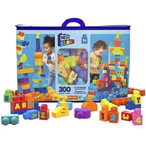 mega bloks first builders toddler blocks toys set, even bigger building bag with 300 pieces and storage, blue, ages 1+ years