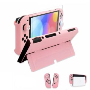 protective case for switch oled, dockable case compatible with switch oled model 2021, switch oled case cover with screen protector & 2 x thumb grip caps, pink