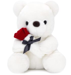 9.8'' teddy bear with rose, soft plush bear doll stuffed animal toys valentines day decor gifts for her/girlfriend lover mom kids (white)