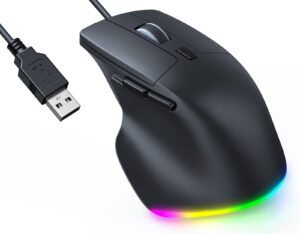 wired rgb mouse for laptop, ergonomic computer mouse, quiet click, 4-level dpi, 7 buttons, led light with thumb rest mouse compatible for pc/desktop/notebook/mac/gamer(for right hand, large), black