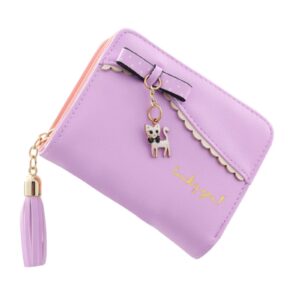 suxgumoe small wallet for women girls pu leather bifold short wallet tassels cute cat women wallet ladies purse with coin pocket (purple)