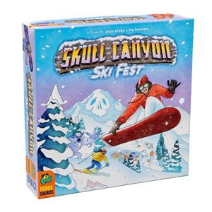 skull canyon ski fest board game - race down the slopes and conquer the mountain! strategy game for kids and adults, ages 14+, 2-4 players, 45-90 minute playtime, made by pandasaurus games