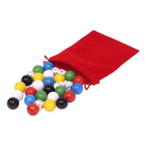 amishtoybox.com game bag of 24 extra-large glass marbles (1" diameter) and 6 dice for aggravation game