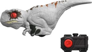 mattel jurassic world dominion uncaged dinosaur toy with clicker-controlled motion & sound, click tracker atrociraptor ghost dino action figure