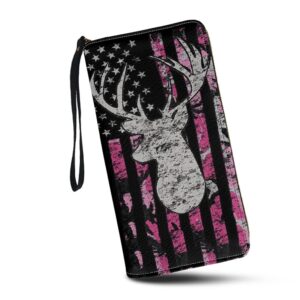 wideasale pink camo deer hunting wallets for women american flag wristlet leather long clutch purse zip around credit card phone holder organizer coin money pouch