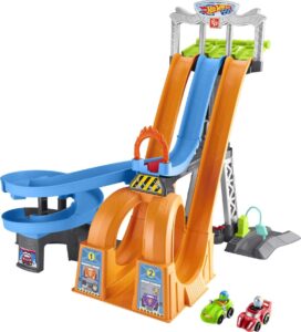 fisher-price little people toddler playset, hot wheels racing loops tower, spiral racetrack with stunt ramp and sounds