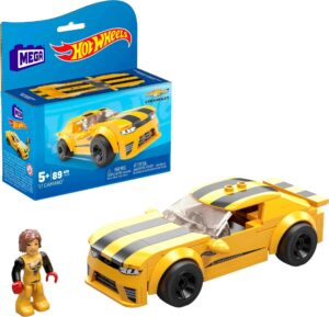 mega hot wheels building toy race car playset, 17 camaro with 89 pieces, 1 micro action figure driver, yellow, kids age 5+ years