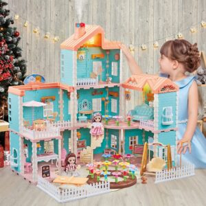 sinomars doll house 7-8, dollhouse for girls with light, chimney & doll figures, castle building playset with acceccories & furniture, pretend play princess house for kids 4 5 6 9 years old